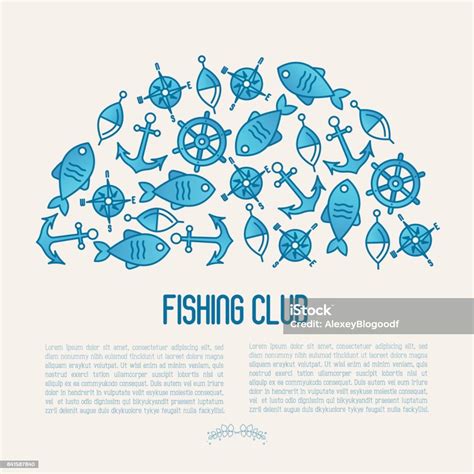 낚시 물고기 찌 앵커와 30 원에 클럽의 개념 얇은 선 아이콘으로 해양 배경입니다 디자인 배너 엽서 초대장을 위한 템플릿입니다 0명에 대한 스톡 벡터 아트 및 기타 이미지