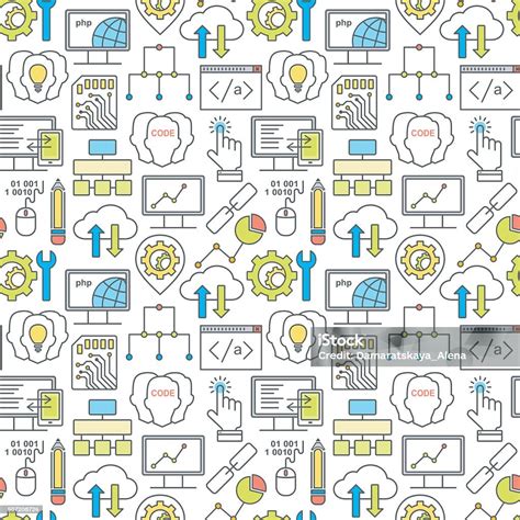 Internet Technology And Programming Seamless Background With Linear Icons Set Stock Illustration