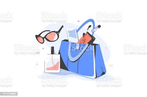내용물이 담긴 여성 핸드백 여성 아이템 및 액세서리 벡터 일러스트 레이 션 포스터 만화 스타일 기치 평면 디자인 0명에 대한 스톡 벡터 아트 및 기타 이미지 Istock