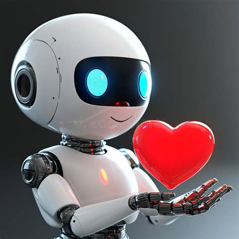 White Ai Robot Offering A Symbol Of Love Red Heart On Grey Background Robot Empathy Compassion