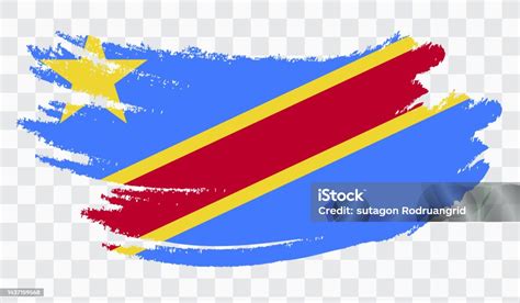 콩고 민주 공화국 국기와 함께 그런 지 브러시 스트로크 수채화 그림 깃발 포스터 국기의 배너 스타일 수채화 그리기 투명한 배경에