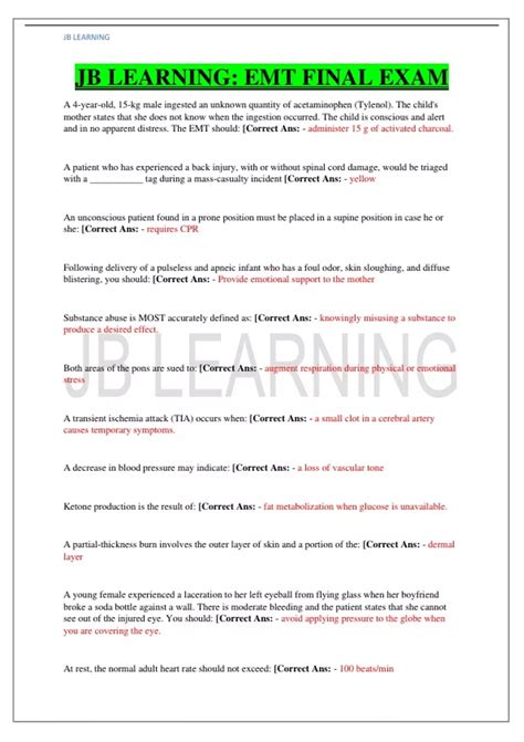 FULL JONES BARTLETT LEARNING EMT JBLEARING EMR JB LEARNING EMT B JBL QUESTIONS ALL WITH