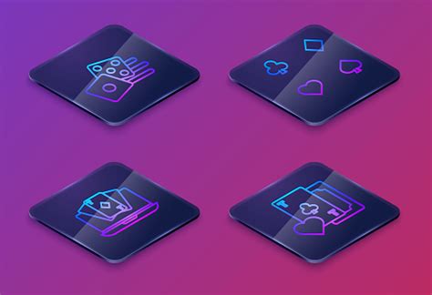 아이소메트릭 라인 게임 주사위 온라인 포커 테이블 게임 카드 놀이 및 클럽 기호와 카드 재생을 설정합니다 파란색 정사각형 버튼 벡터 등측투영법에 대한 스톡 벡터 아트 및