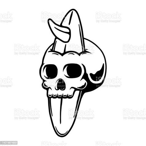 서핑 보드가있는 두개골의 그림 여름 테마 포스터 카드 배너 엠블럼 기호를위한 디자인 요소 벡터 일러스트 레이 션 서핑 수상 스포츠에 대한 스톡 벡터 아트 및 기타 이미지