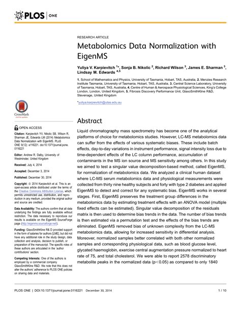 Pdf Metabolomics Data Normalization With Eigenms