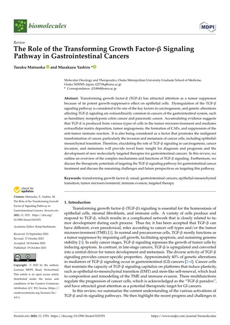 PDF The Role of the Transforming Growth Factor β Signaling Pathway in Gastrointestinal Cancers