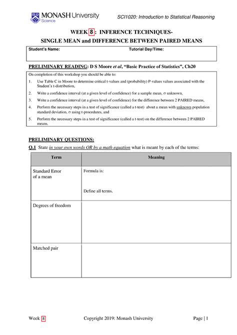 Week 8 A Workshop Sci1020 Introduction To Statistical Reasoning Week 10 Copyright 2019