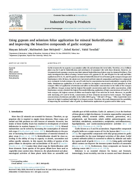 Pdf Using Gypsum And Selenium Foliar Application For Mineral