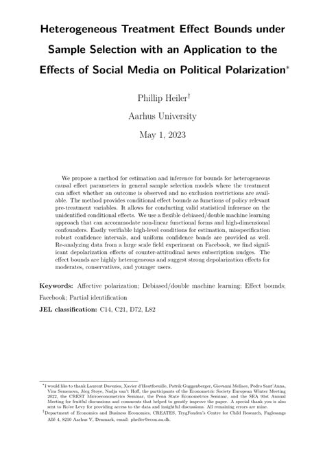 Pdf Heterogeneous Treatment Effect Bounds Under Sample Selection With An Application To The