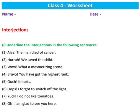 Interjection Worksheet Grade 1
