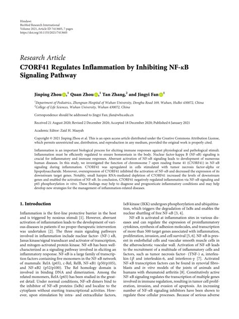 Pdf C7orf41 Regulates Inflammation By Inhibiting Nf κb Signaling Pathway