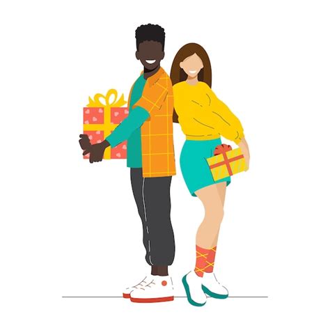 선물을 들고 있는 흑인 남자와 백인 여자 프리미엄 벡터