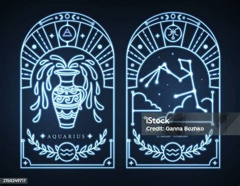 점성술 물병자리 조디악 사인 특성을 가진 네온 현대 마술 마법 카드의 세트 벡터 일러스트 레이 션 물병자리에 대한 스톡 벡터 아트 및 기타 이미지 Istock