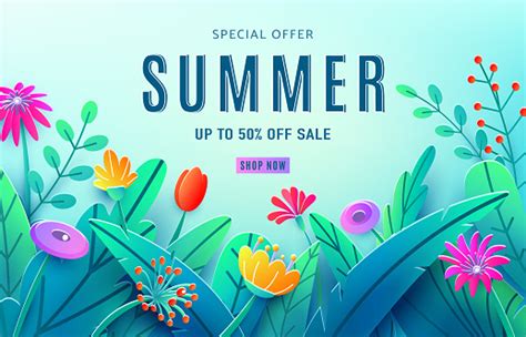 여름 판매 광고 배경 종이 잘라 판타지 꽃 잎 줄기에 밝은 파란색 배경으로 고립 된 최소한의 3d 스타일 꽃 배경 텍스트 제공 50를 할인 벡터 일러스트 레이 션 3차원