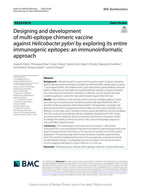Pdf Designing And Development Of Multi Epitope Chimeric Vaccine Against Helicobacter Pylori By