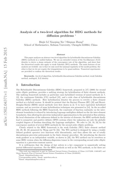 Pdf Analysis Of A Two Level Algorithm For Hdg Methods For Diffusion Problems
