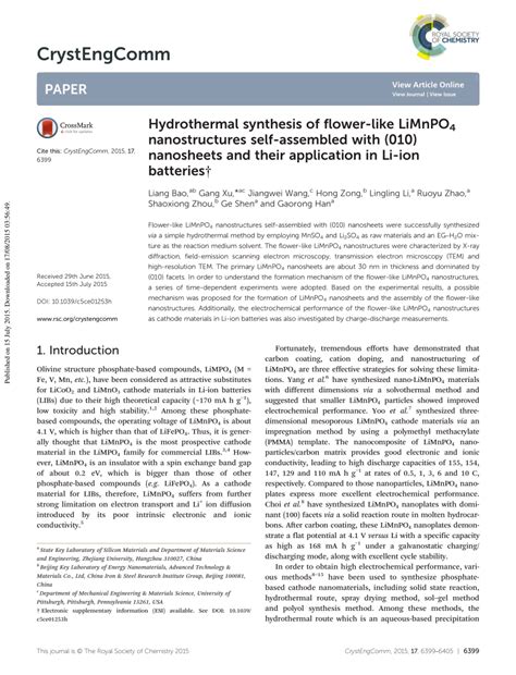 Pdf Hydrothermal Synthesis Of Flower Like Limnpo4 Nanostructures Self Assembled With 010
