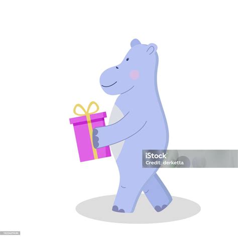 그의 손에 선물 상자와 귀여운 만화 하마 캐릭터 벡터 그림은 흰색으로 격리되었습니다 개념 생일 파티 어린이를위한 휴일 0명에 대한 스톡 벡터 아트 및 기타 이미지 Istock