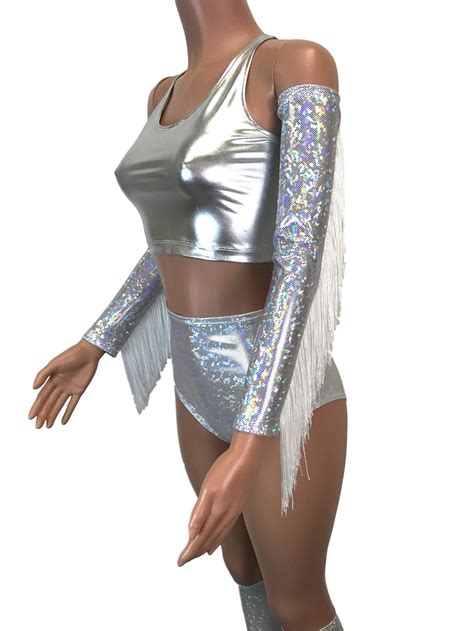 Holographic Fringe Silver Shattered Glass Arm Sleeves Rave Etsy