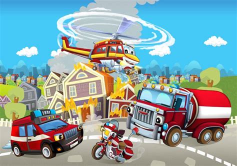 cartoon stage with different machines for firefighting stock illustration illustration of