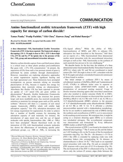 Pdf Amino Functionalized Zeolitic Tetrazolate Framework Ztf With High Capacity For Storage