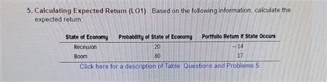 Solved 5 Calculating Expected Return L01 Based On The Chegg Com
