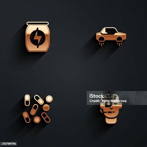 긴 그림자가 있는 안경 아이콘에 에너지 드링크 환상적인 비행 자동차 의료 알약 바이오해킹 및 스마트 안경을 설정합니다 벡터 가상현실에 대한 스톡 벡터 아트 및 기타 이미지