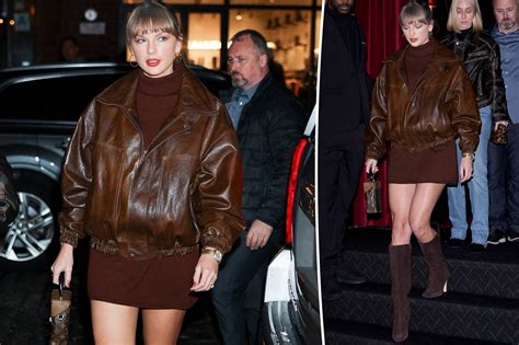 Taylor Swift Wears Monochromatic Brown Outfit With Leather Jacket And