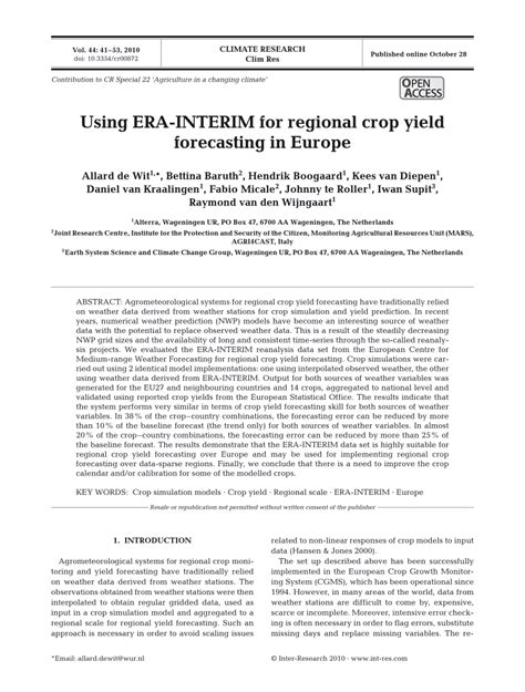 Pdf Using Era Interim For Regional Crop Yield Forecasting In Europe