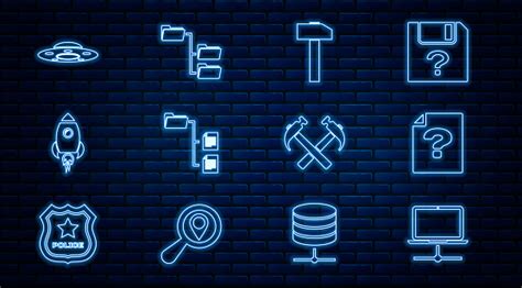 라인 설정 컴퓨터 네트워크 알 수 없는 문서 망치 폴더 트리 불이 있는 로켓 우주선 Ufo 비행 우주선 두 개의 교차 망치 및 아이콘 벡터 Launch Party에 대한