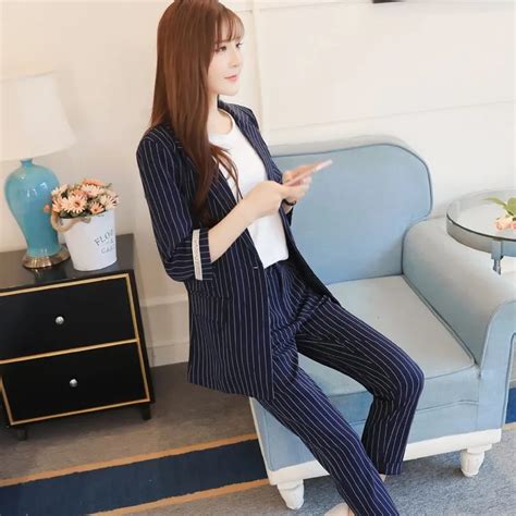 여성 캐주얼 노치 슬림 블레이저 바지 정장 스트라이프 2 투피스 세트 긴 소매 패션 블레이저바지 슈트 Aliexpress