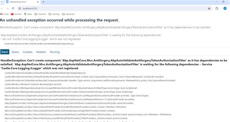 exception can t create component abp aspnetcore mvc antiforgery