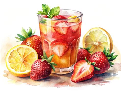 Vibrant Watercolor Strawberry Lemonade Illustration A Refreshing Summer
