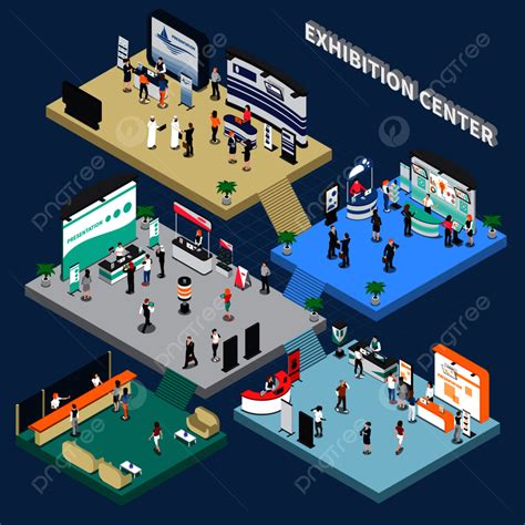 박람회 스탠드가 있는 파란색 배경의 다층 전시 센터 아이소메트릭 구성 배너 개발 상업용 Png 일러스트 및 벡터 에 대한 무료 다운로드 Pngtree