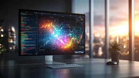 Data Visualization Display Showing Colorful Charts Against A Sunset Background In Urban Setting