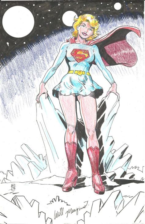 A Drawing Of A Woman Dressed As A Supergirl Standing In Front Of The Moon