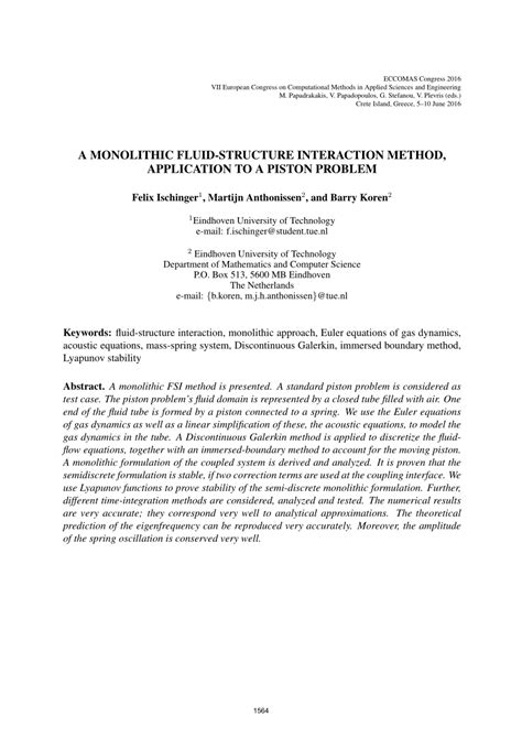 Pdf A Monolithic Fluid Structure Interaction Method Application To A