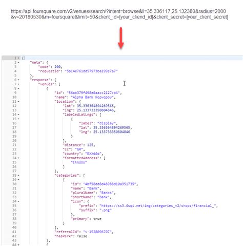 Example Places Search On Foursquare Api And The Response With Places Array Download Scientific
