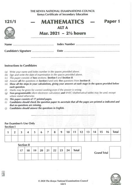 2020 Kcse Mathematics Paper 1 Pdf