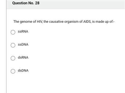 Question No 28 The Genome Of Hiv The Causative Organism Of Aids Is Ma