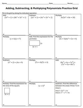 Adding Subtracting Multiplying Polynomials Practice Grid And Chart