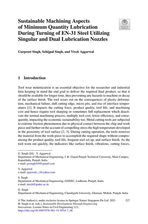 Pdf Sustainable Machining Aspects Of Minimum Quantity Lubrication During Turning Of En 31