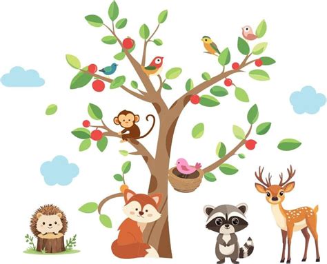 2 Sheets Watercolor Jungle Animal Wall Decal Cartoon Monkey Fox Trees