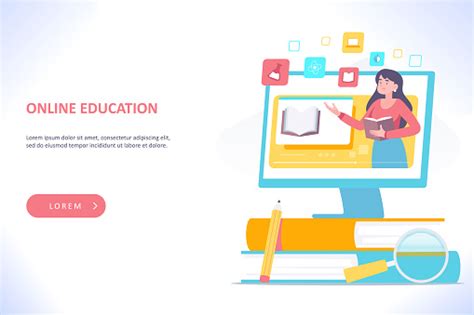 온라인 또는 원격 교육 E러닝 개념 개인 교사 서비스 컴퓨터 모니터의 비디오 레슨 또는 웨비나 책과 교육 가제트의 더미 벡터 일러스트 Brand Name Online