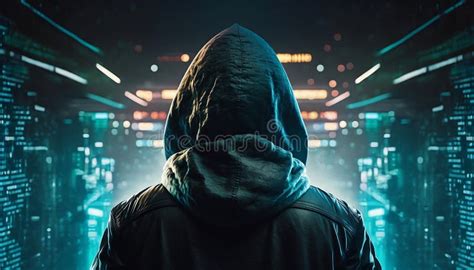 A Mysterious Hacker In A Hoodie Viewed From Behind As They Look Out At