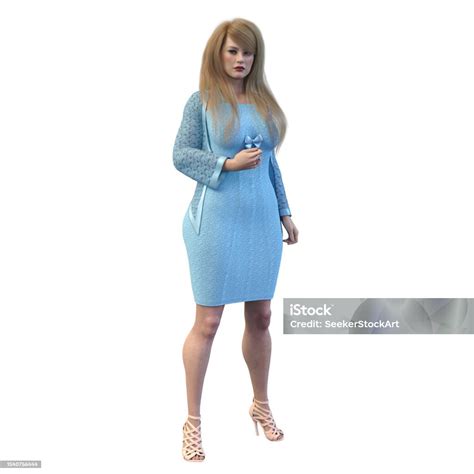 파란색 무릎 길이의 여름 드레스를 입고 끈이 달린 하이힐을 신고 고립된 배경에 있는 여성 3d 렌더링 3d 일러스트레이션 금발 머리에 대한 스톡 사진 및 기타 이미지