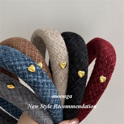 Moouga 金扣愛心復古寬版髮箍質感格紋頭箍秋冬外出高顱頂髮卡新款髮飾 蝦皮購物