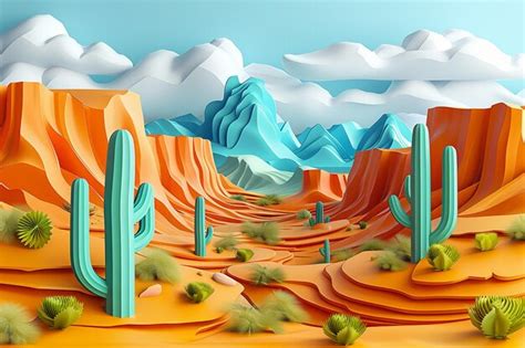 Trendy Paper Cuted Style Desert Landscape With Cute Cactus In The
