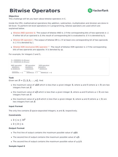Bitwise Operators In C Hackerrank Pdf