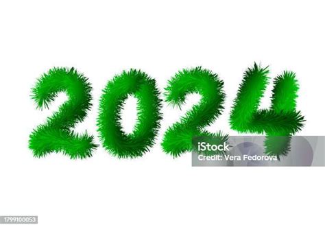 전나무 가지로 만든 2024 숫자 모피 또는 반짝이 효과 휴일 벡터 일러스트 레이 션입니다 섣달 그믐 날 기호입니다 인사말 카드 엽서 배너 포스터 등에 대 한 벡터 템플릿